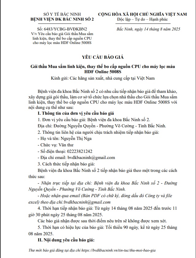 Yêu cầu báo giá Gói thầu Mua sắm linh kiện, thay thế bo cấp nguồn CPU ...
